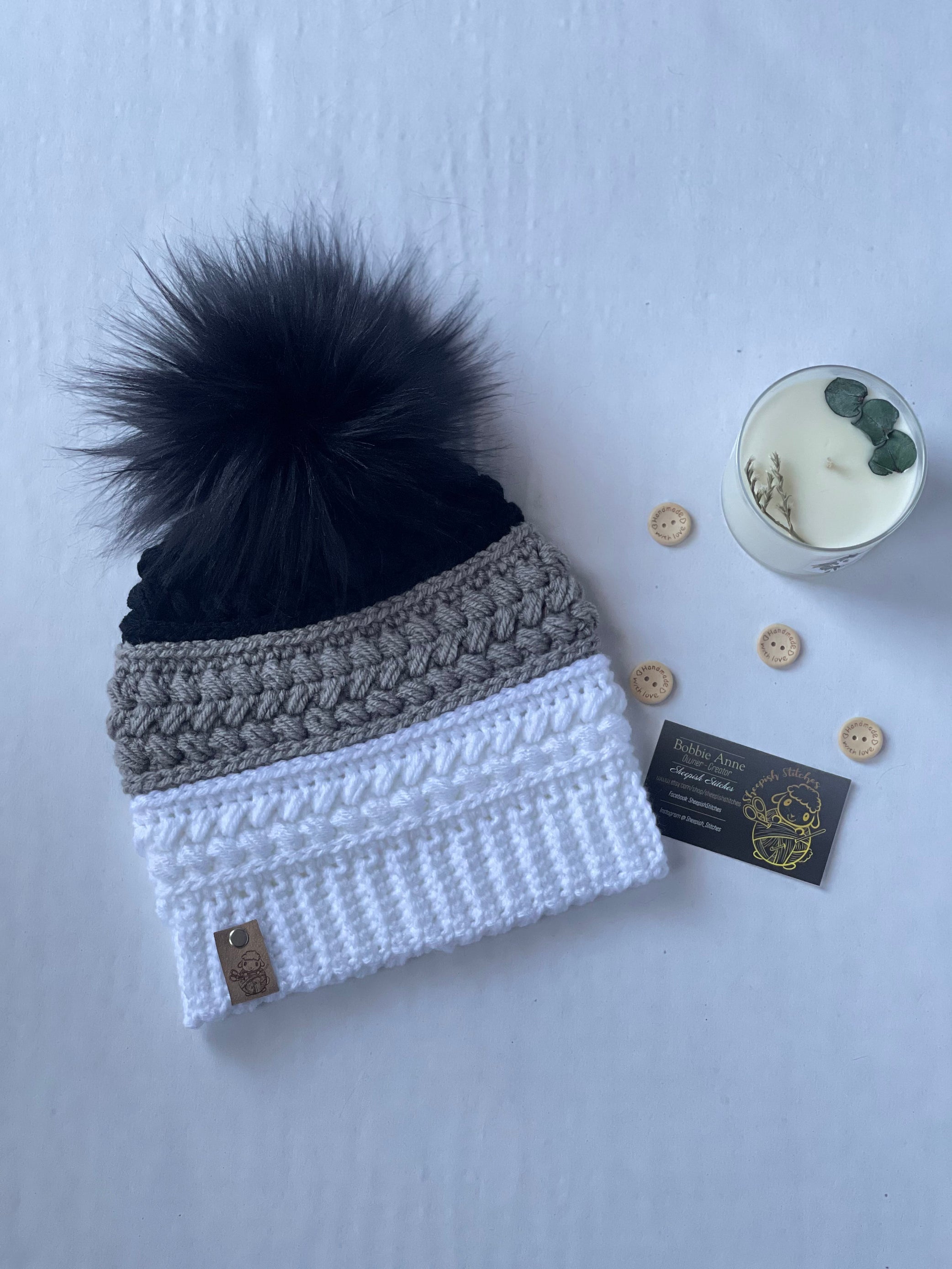 Black, Gray, White Hand Crocheted Beanie with faux fur Pom Pom, toque ...